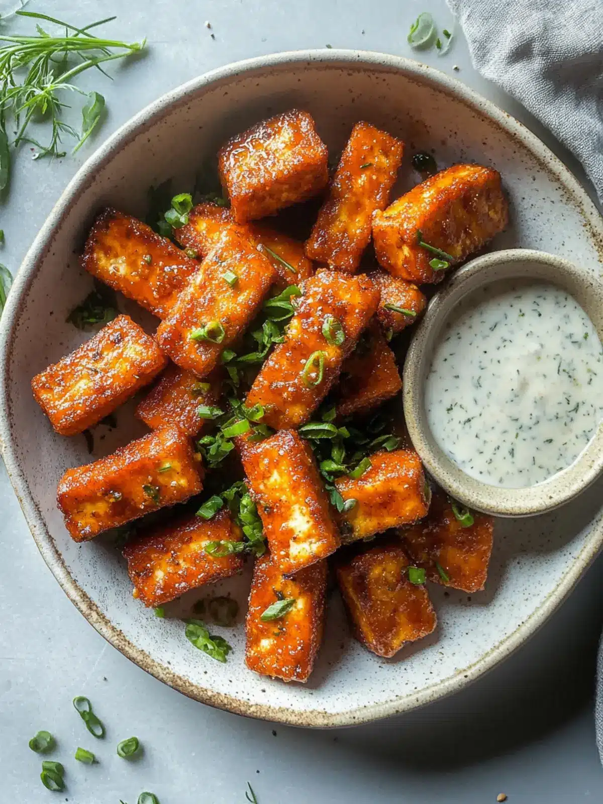 Crispy Hot Honey Buffalo Tofu with Herby Ranch Delight
