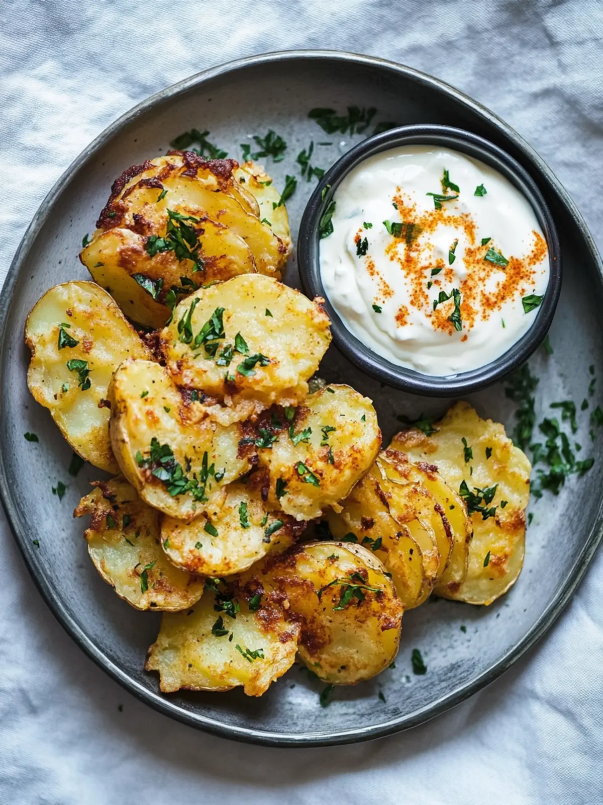 Ultimate Crispy Salty Smashed Potatoes w/ Harissa Yogurt