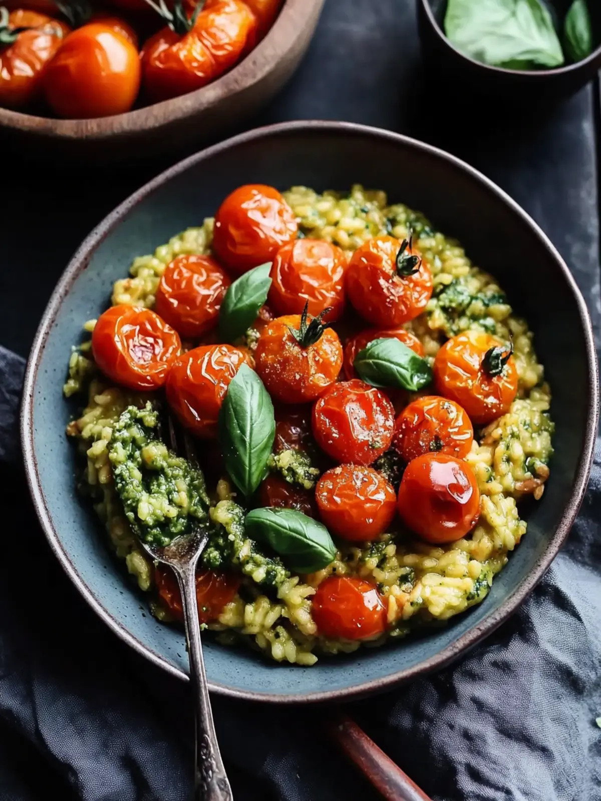 Irresistible Roast Cherry Tomato and Thyme Risotto with Basil Pesto