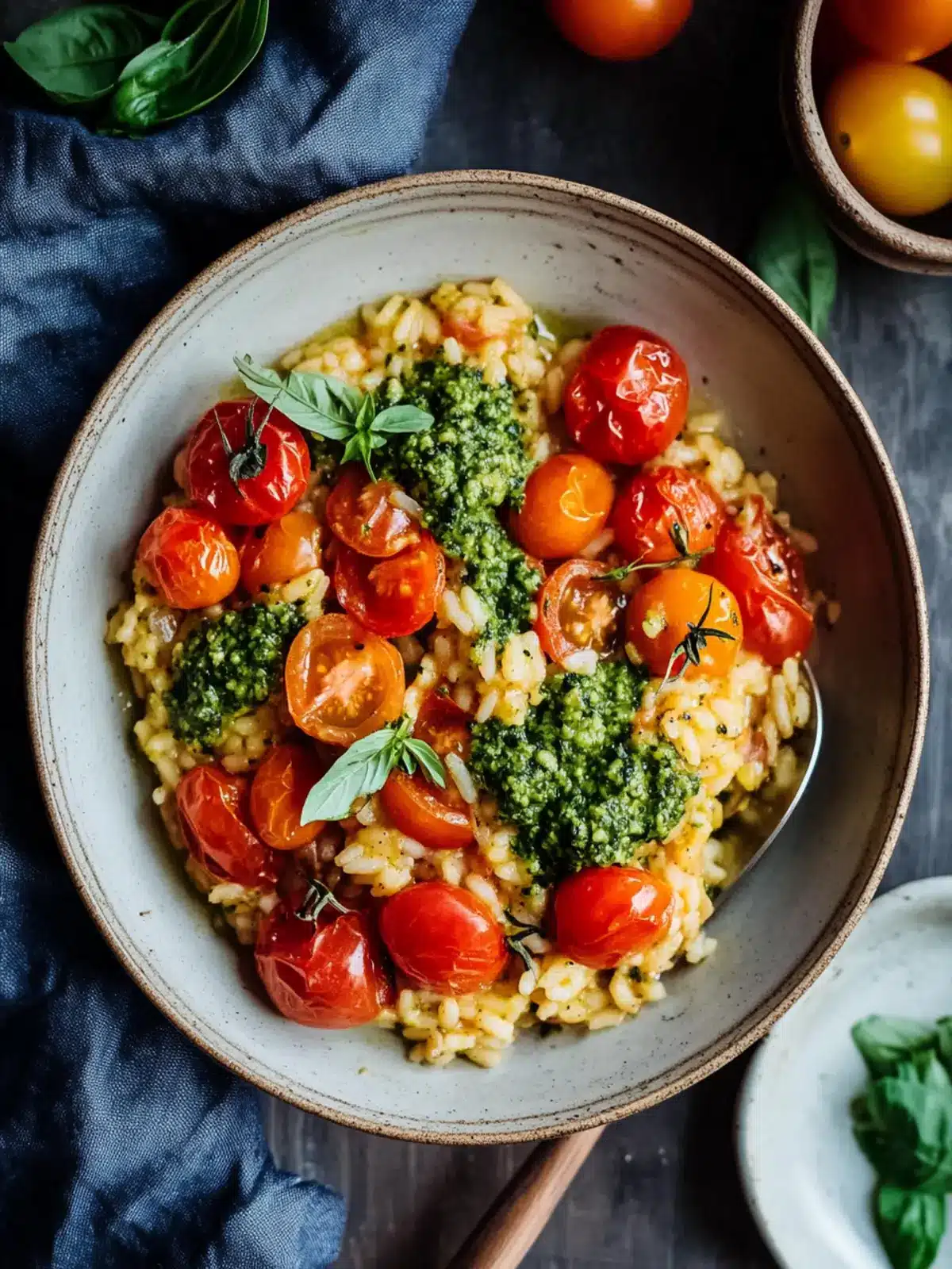 Irresistible Roast Cherry Tomato and Thyme Risotto with Basil Pesto