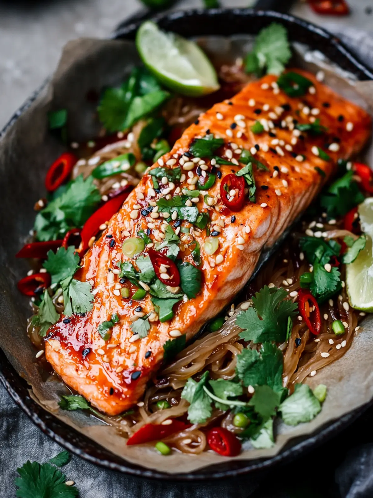 Irresistible Sticky, Sweet, Spicy Asian Salmon & Rice Noodles