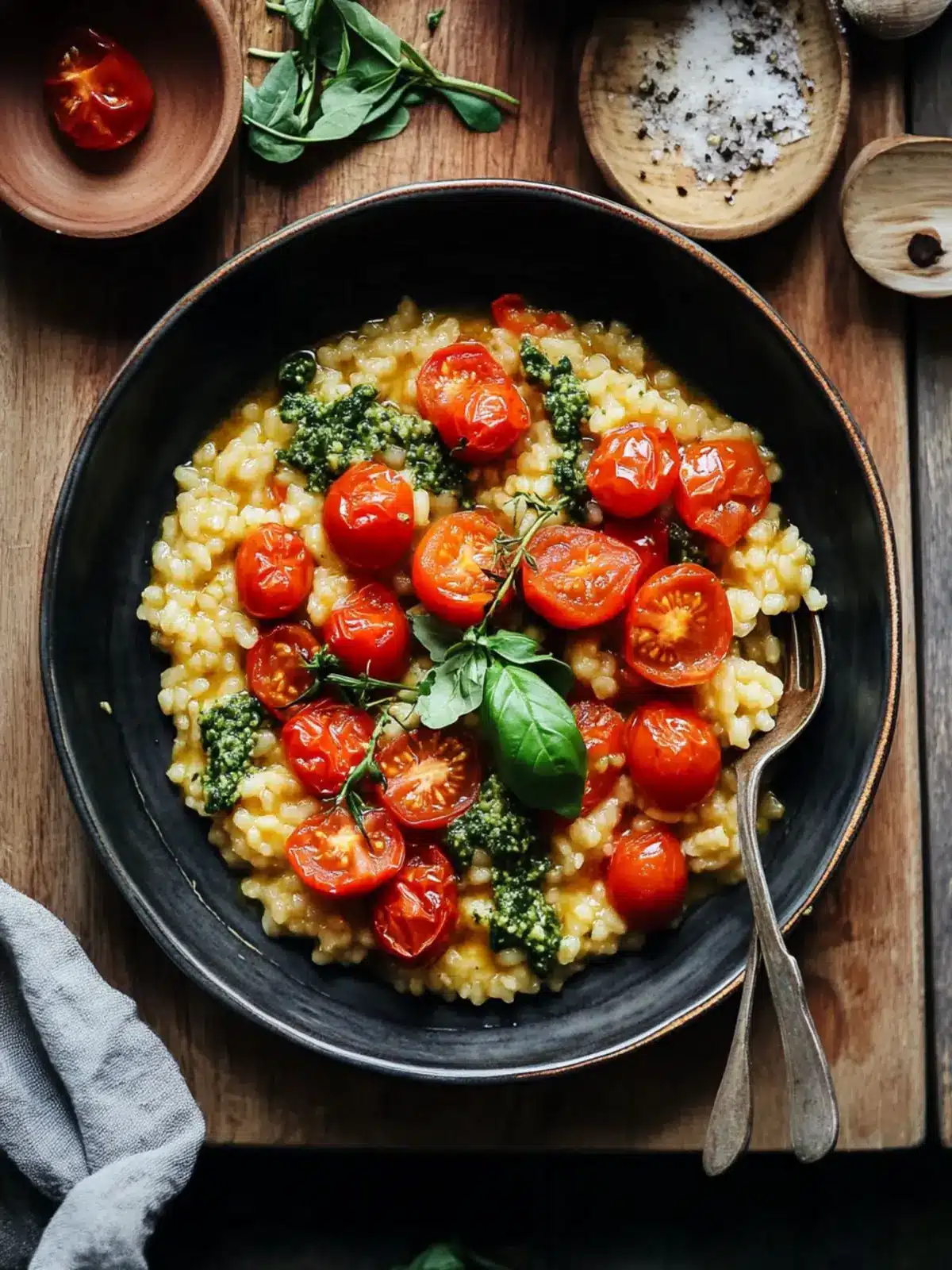 Irresistible Roast Cherry Tomato and Thyme Risotto with Basil Pesto